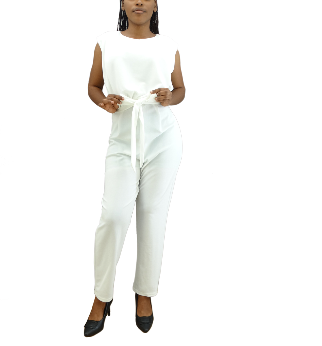 39185R, LADIES' SLEEVELESS JUMPSUIT W/TIE – Maxie Department Store